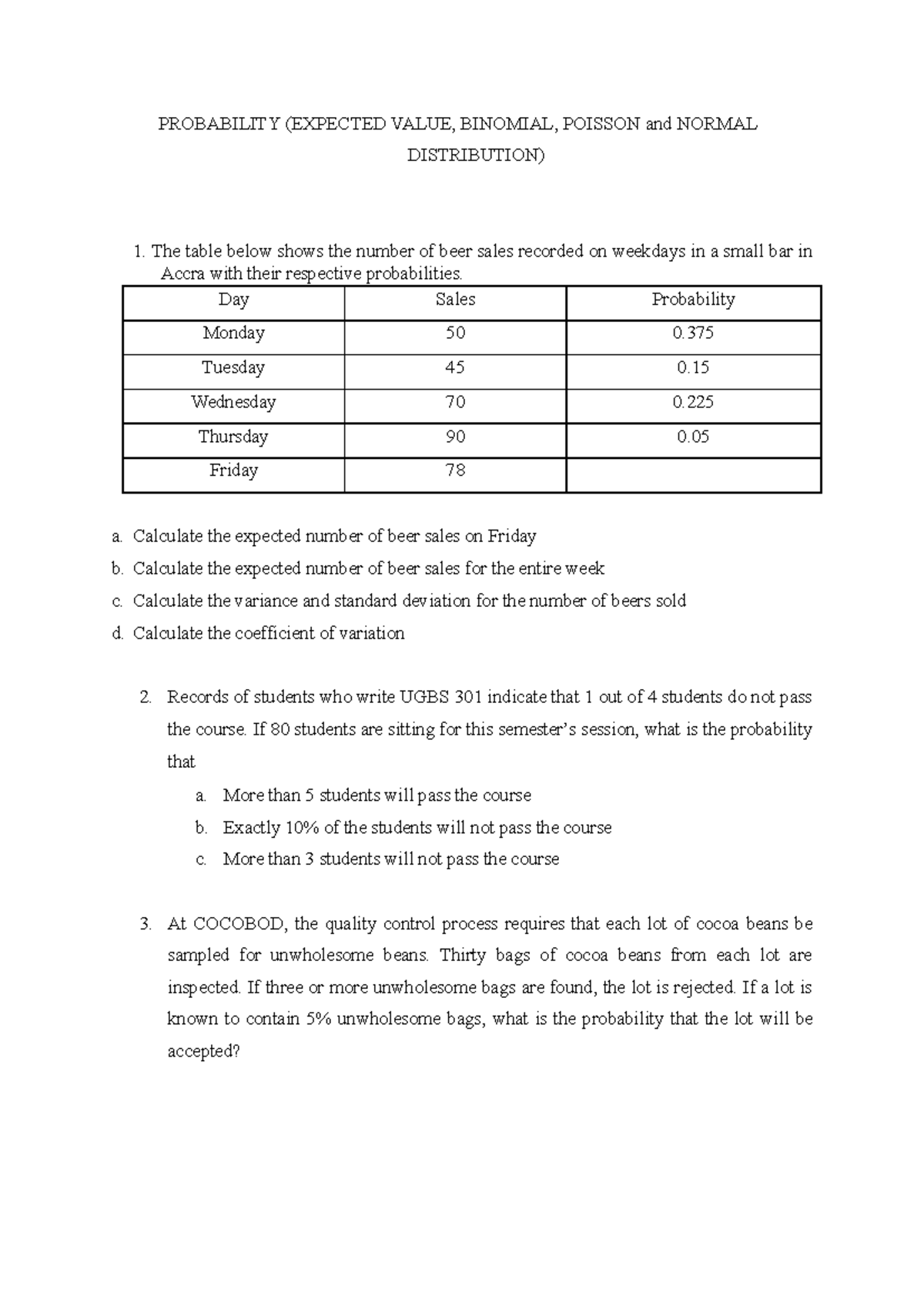 Tutorial set 2 Probability 12 - PROBABILITY (EXPECTED VALUE, BINOMIAL, POISSON and NORMAL - Studocu