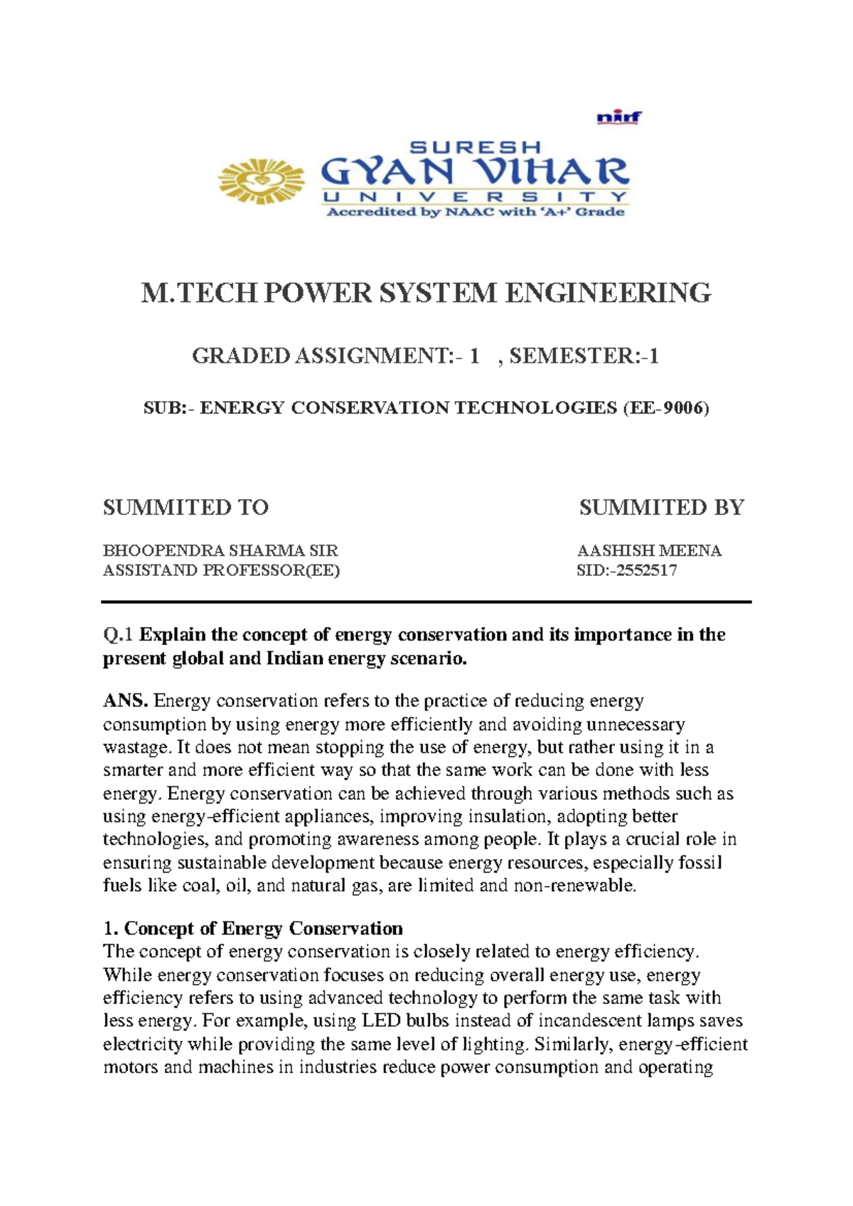 GA1EC - Energy Conservation: Importance and Strategies in India - Studocu