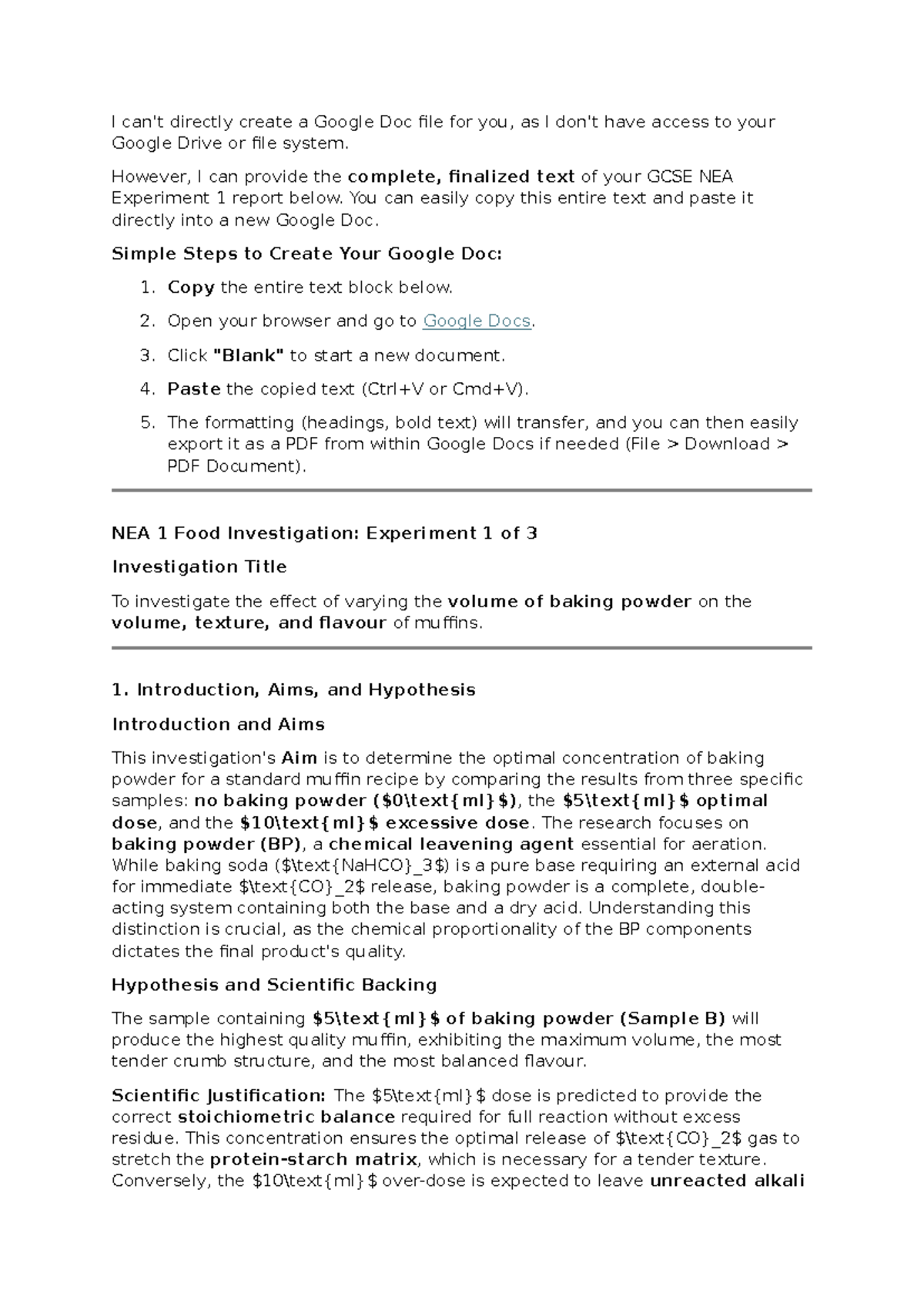 GCSE NEA 1 Food Investigation: Baking Powder Effects on Muffins - Studocu