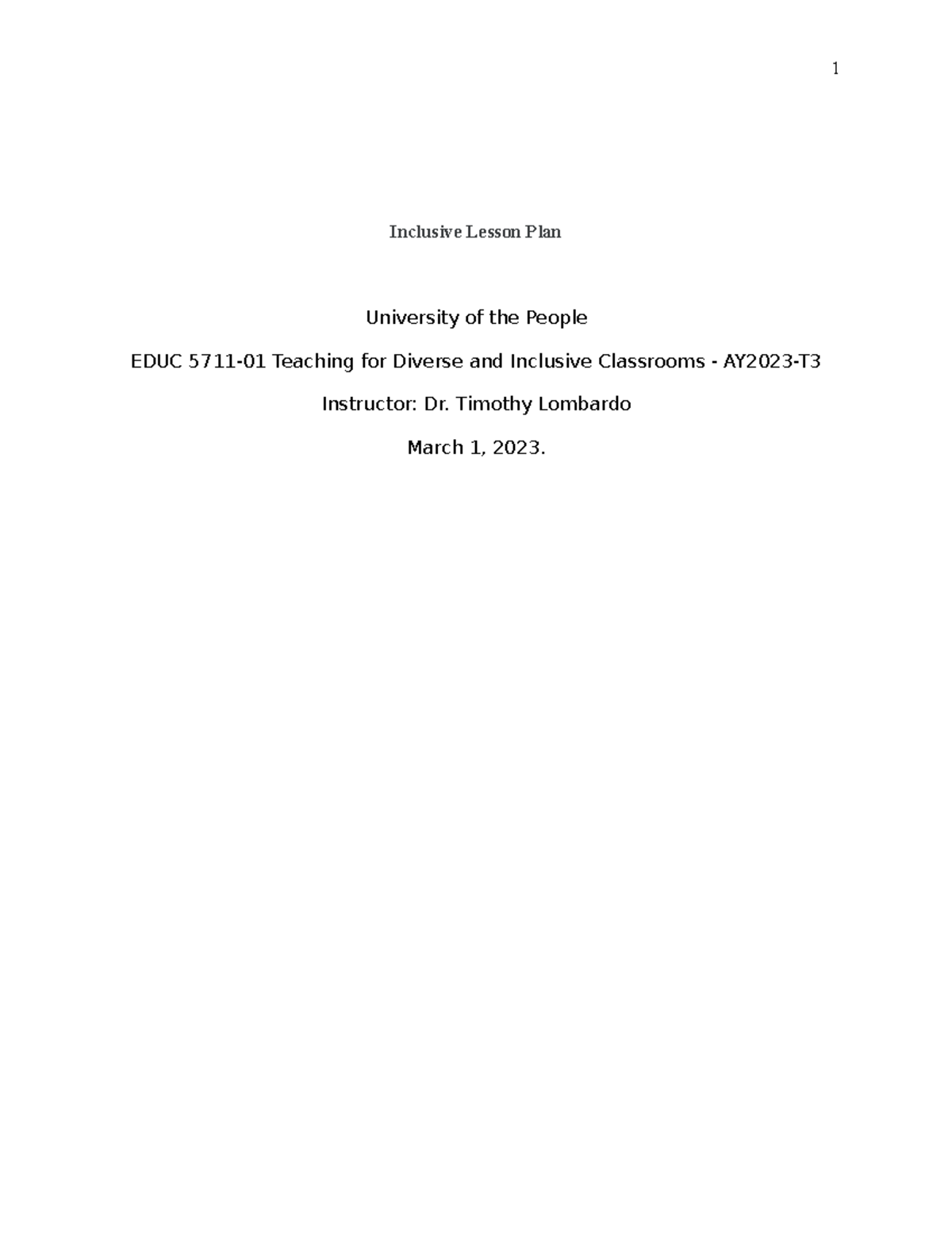 EDUC 5711-01 Final Written Assignment: Inclusive Lesson Plan - Studocu