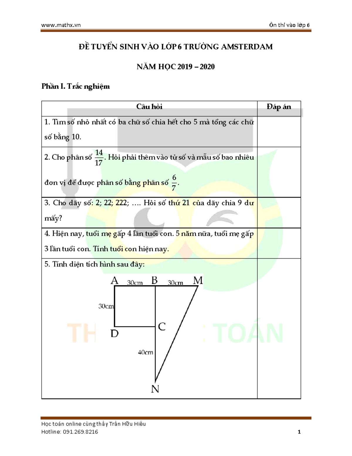 Đề tuyển sinh vào lớp 6 trường Amsterdam 2019-2020 - Ôn thi trắc nghiệm ...