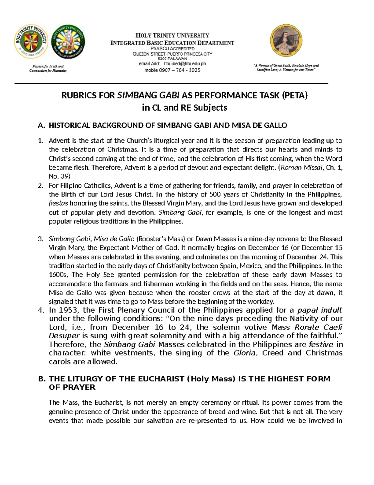 Rubrics for Simbang Gabi as PETA in CL RE - RUBRICS FOR SIMBANG GABI AS ...