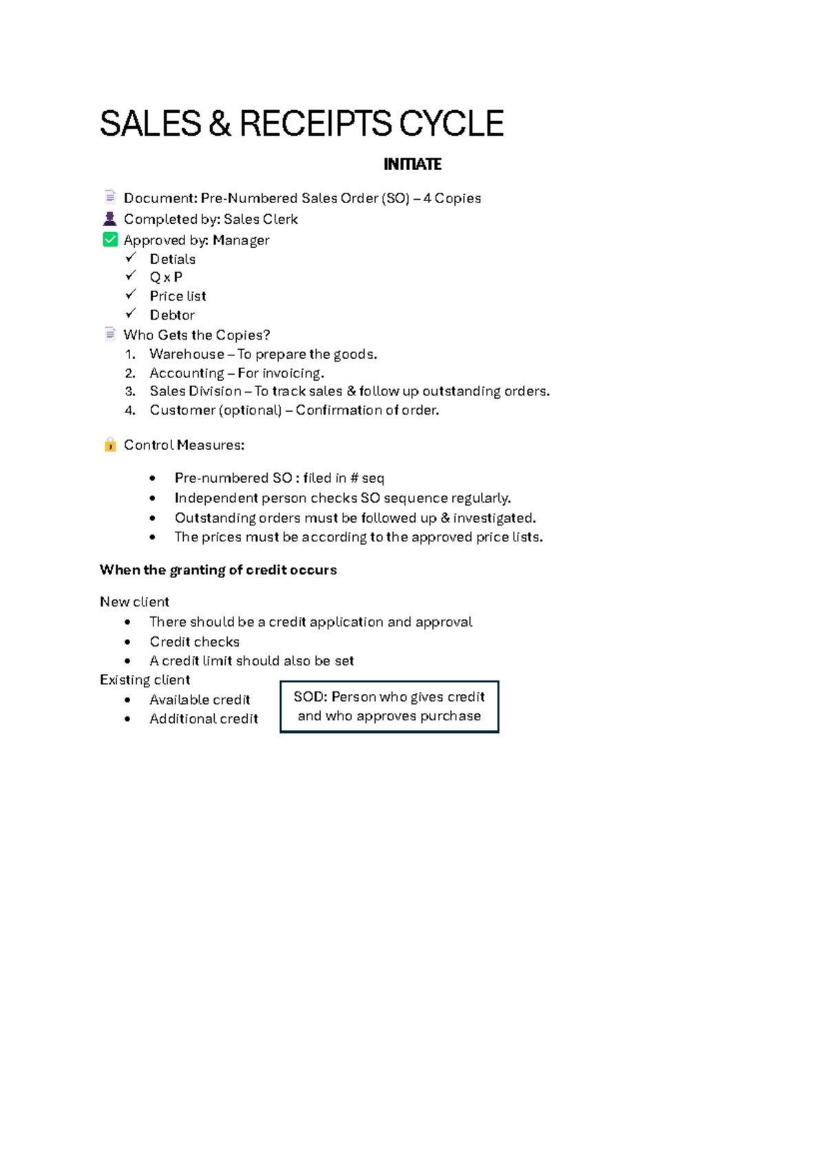 SALES RECEIPTS CYCLE INITIATE & EXECUTE: Process Overview - Studocu