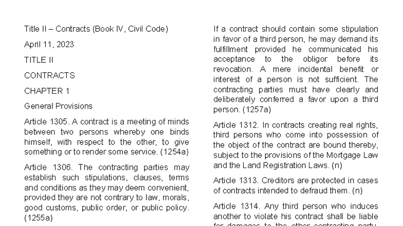 Title II Contracts (Book IV, Civil Code) - Key Articles and Case Laws ...