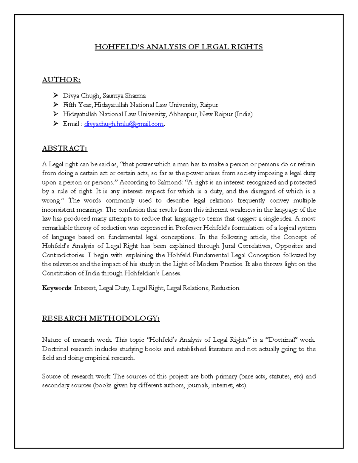 Hohfeld’S Analysis OF Legal Rights - HOHFELD’S ANALYSIS OF LEGAL RIGHTS ...