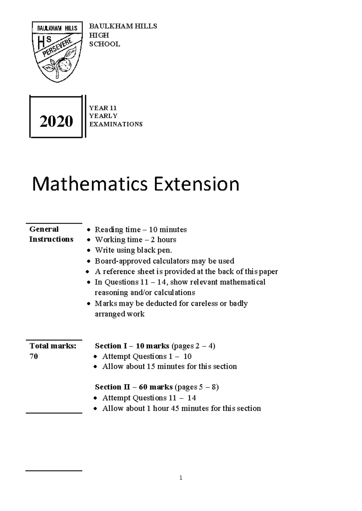 P3 X1 2020 - Year 11 Mathematics Extension Yearly Exam Paper - Studocu