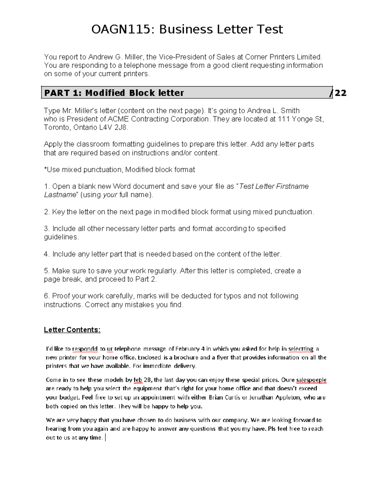 OAGN115: Business Letter Test Instructions and Formatting Guide - Studocu