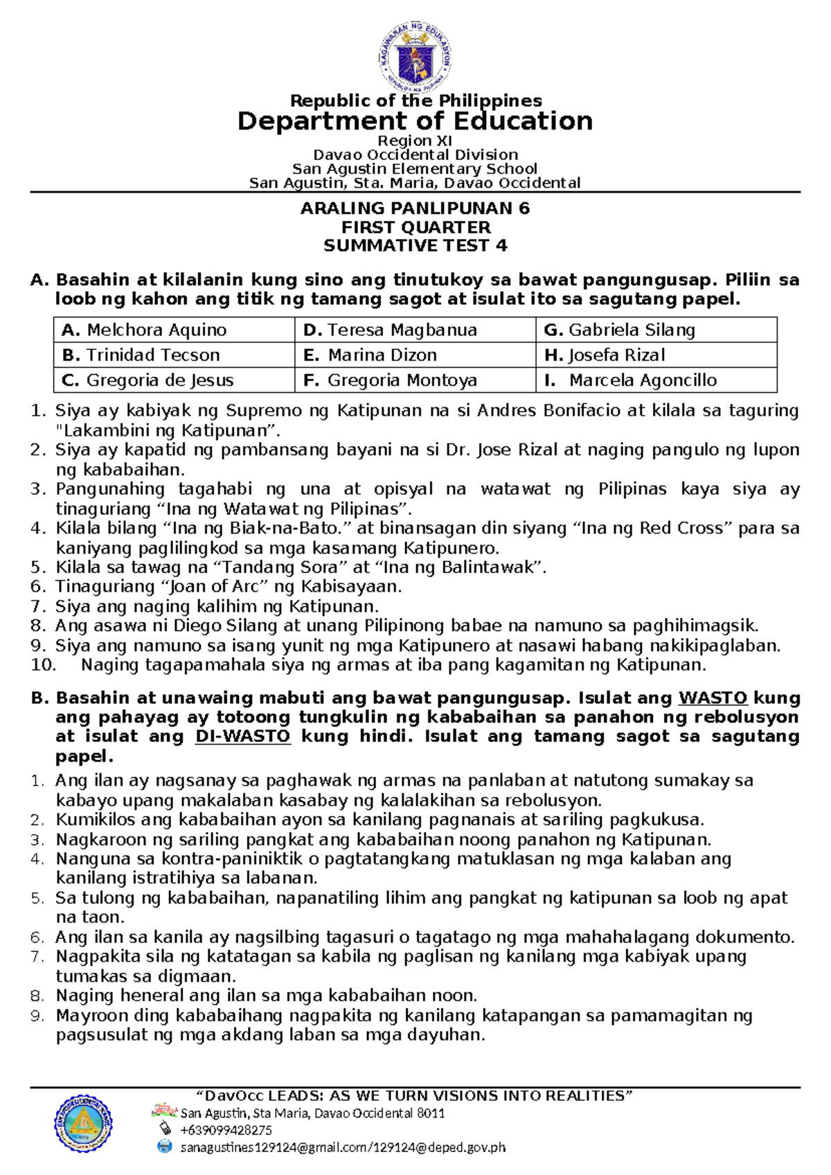 AP 6 Q1 ST 4 - Araling Panlipunan Summative Test on Women's Roles - Studocu