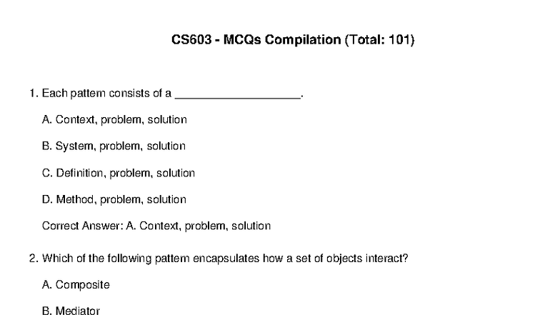 CS603 MCQs Compiled - CS603 - MCQs Compilation (Total: 101) Each ...