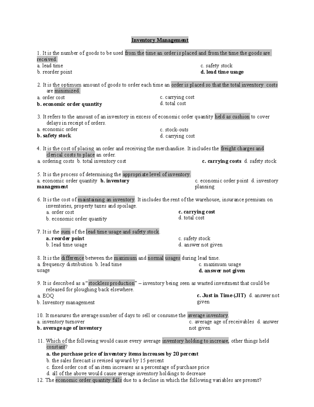 FIN081 P3 Quiz 1 Inventory Management Practice Questions and Answers ...