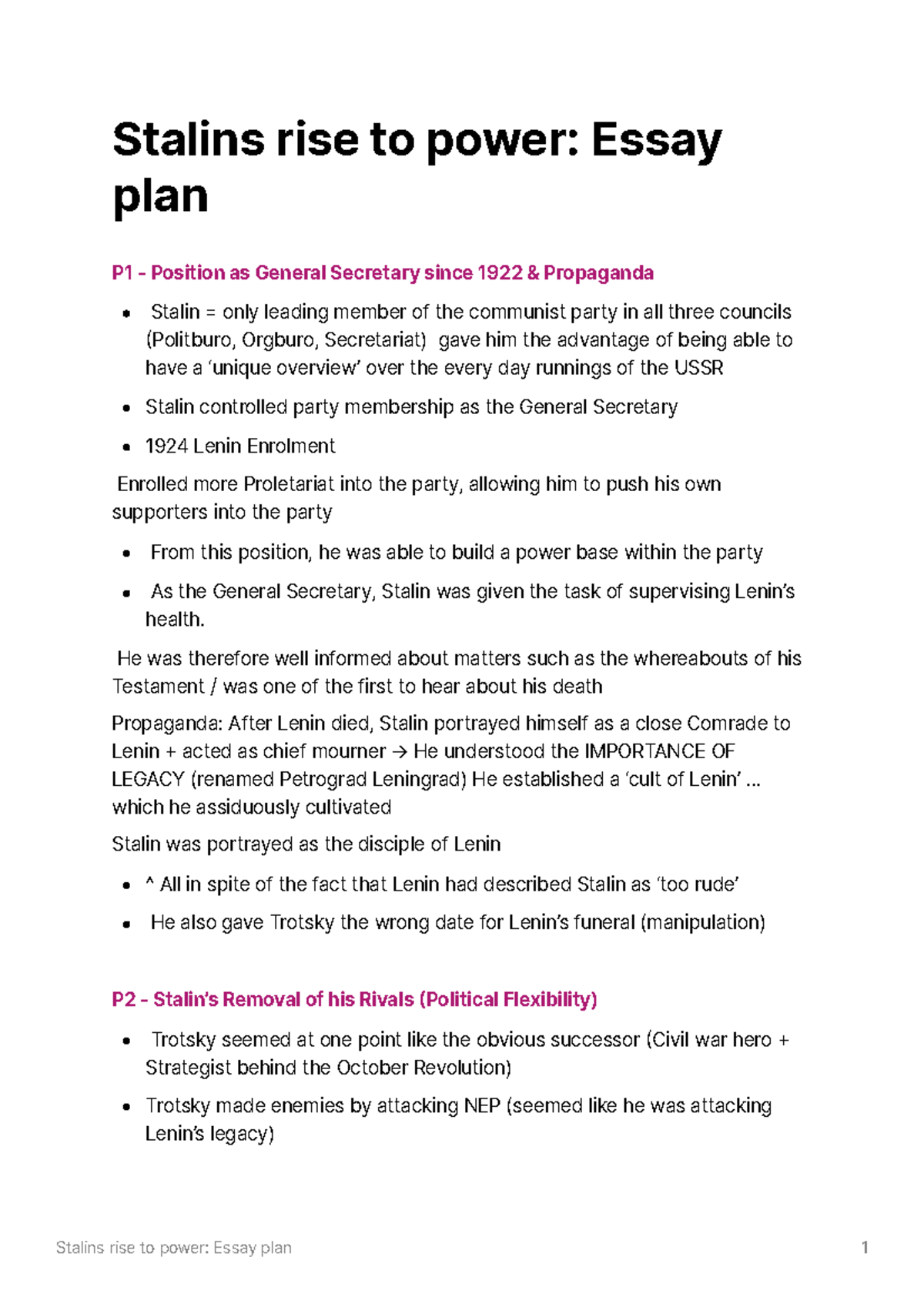 Stalin's Rise to Power: Detailed Essay Plan for Dictatorship Module ...