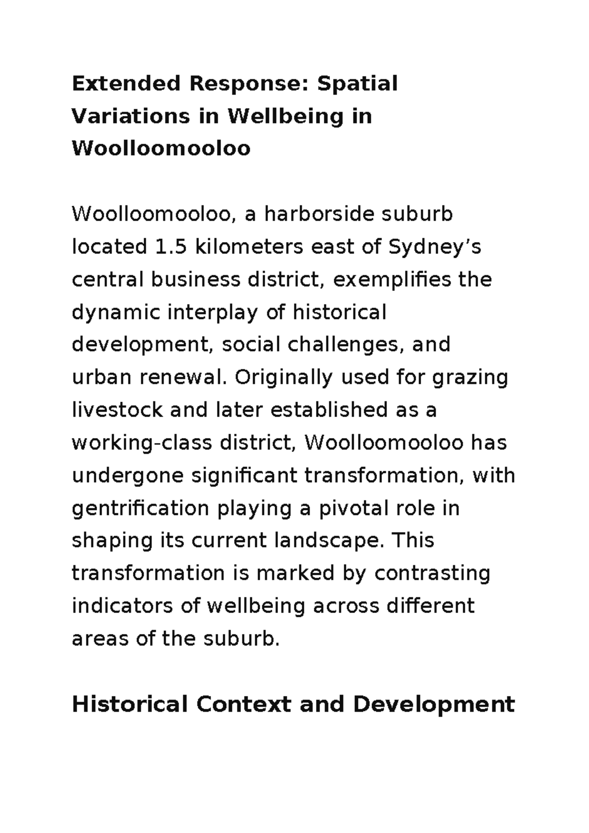 Extended Response: Spatial Wellbeing Variations in Woolloomooloo - Studocu