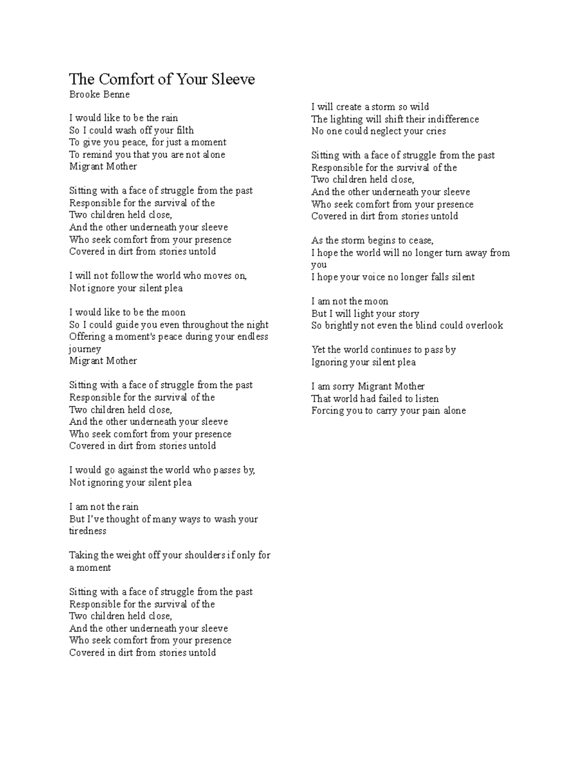 Migrant mother poem - The Comfort of Your Sleeve Brooke Benne I would ...