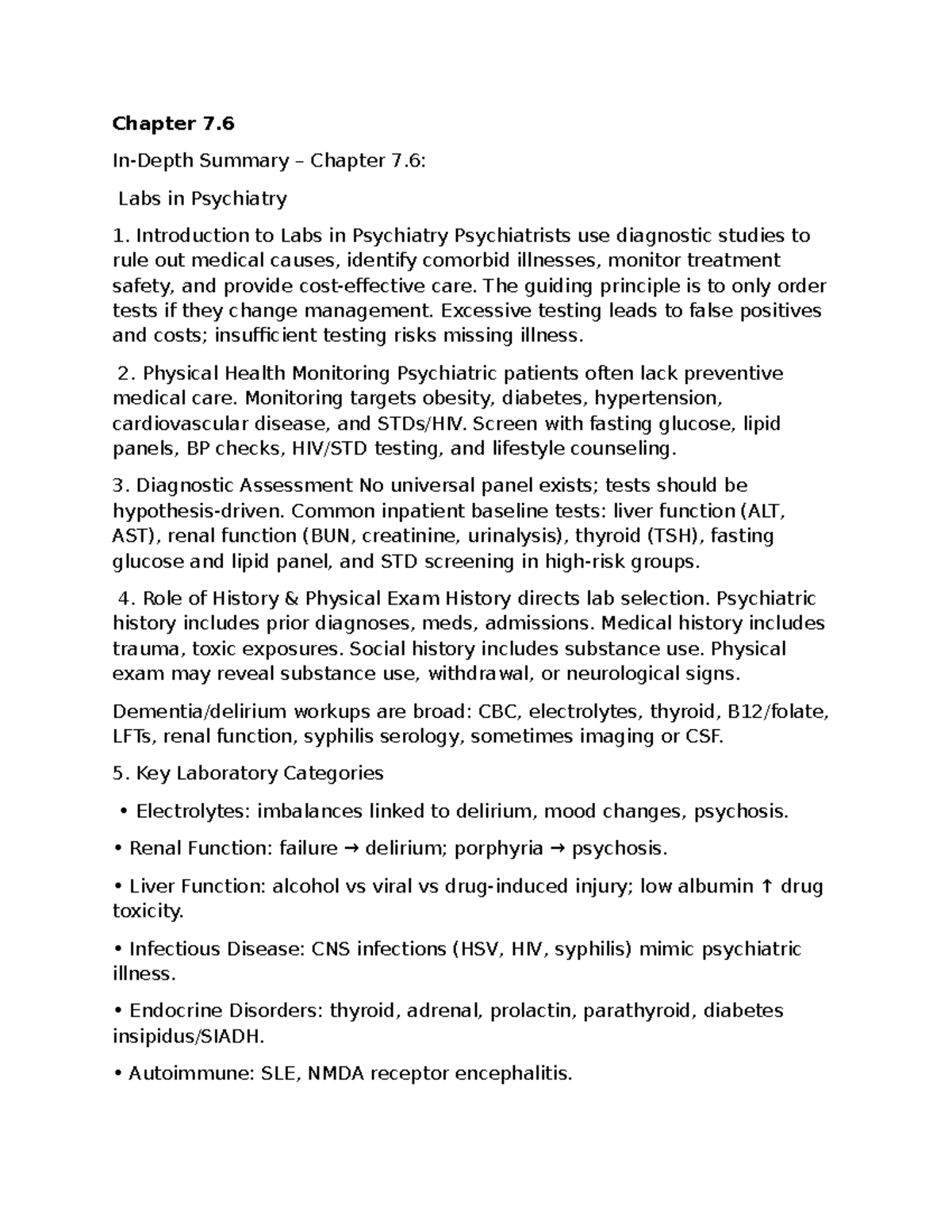 Chapter 7.6 Summary: Labs in Psychiatry (PSY 101) - Studocu