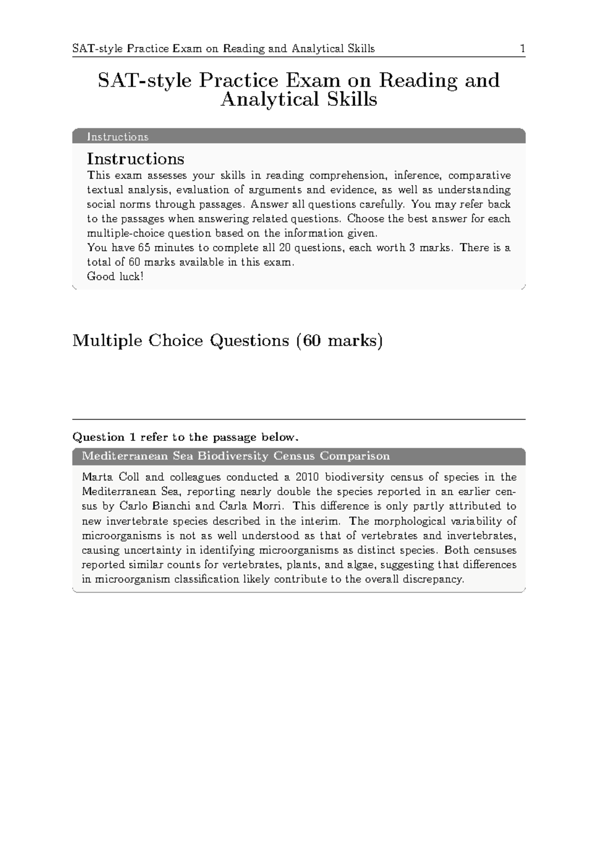 SAT Suite Practice Exam on Reading and Analytical Skills - Studocu