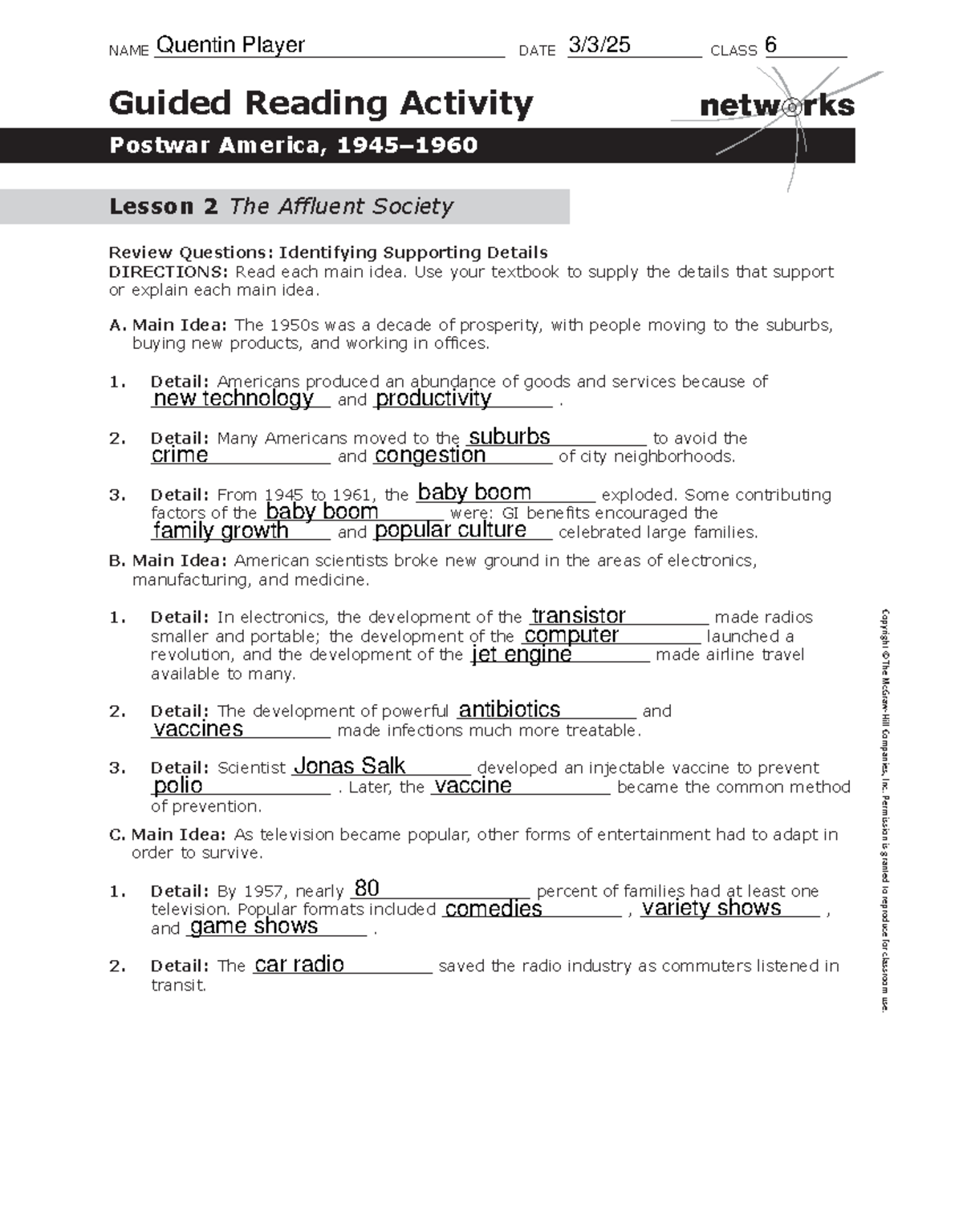 Guided Reading Activity: Postwar America (1945-1960) - Lesson 2 Notes ...