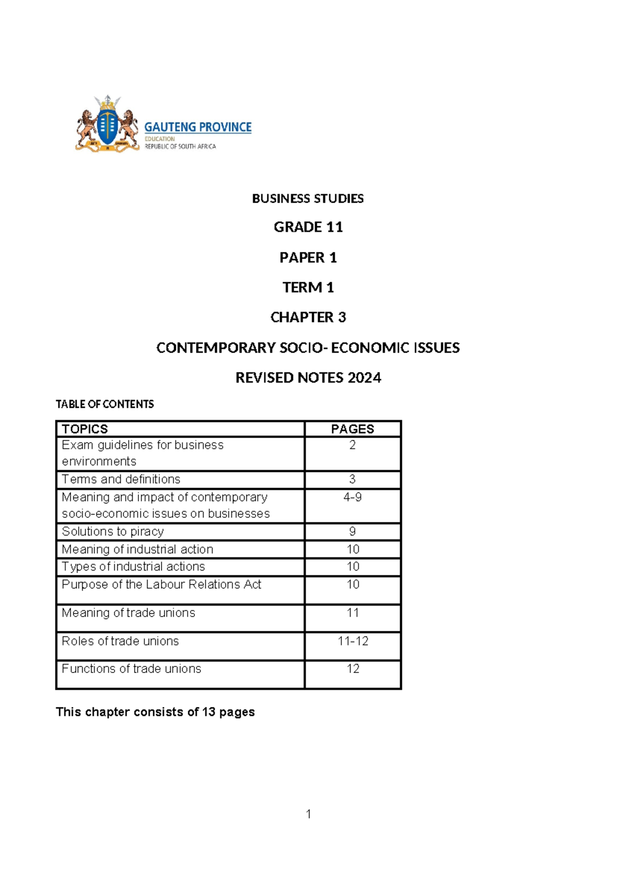 BSTD 2024 Grade 11 Business Studies Notes - Chapter 3 Overview - Studocu