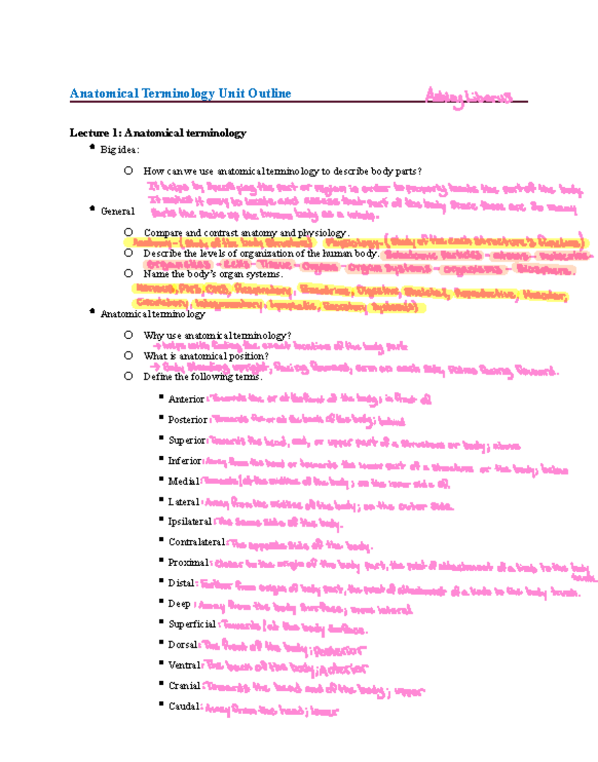 Guided+Notes+for+Anatomical terminology unit outline - Anatomical ...
