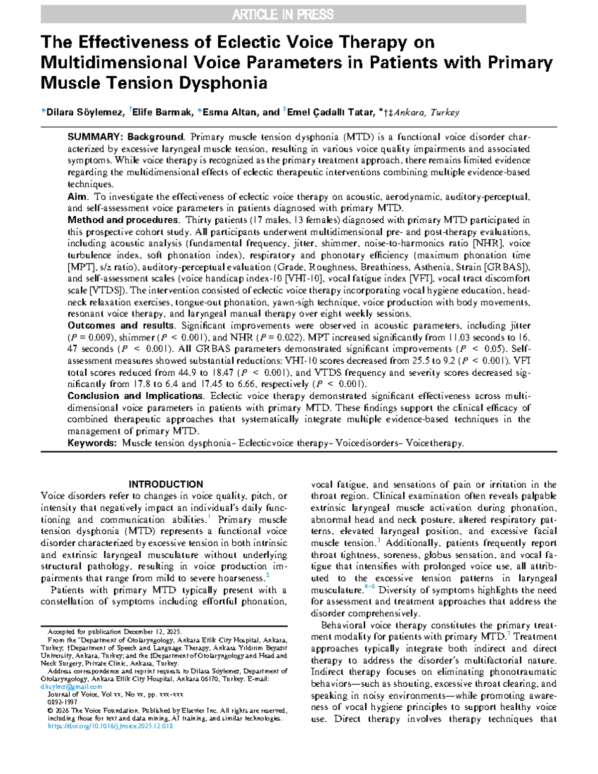 Eclectic Voice Therapy for Primary Muscle Tension Dysphonia: A Study on ...