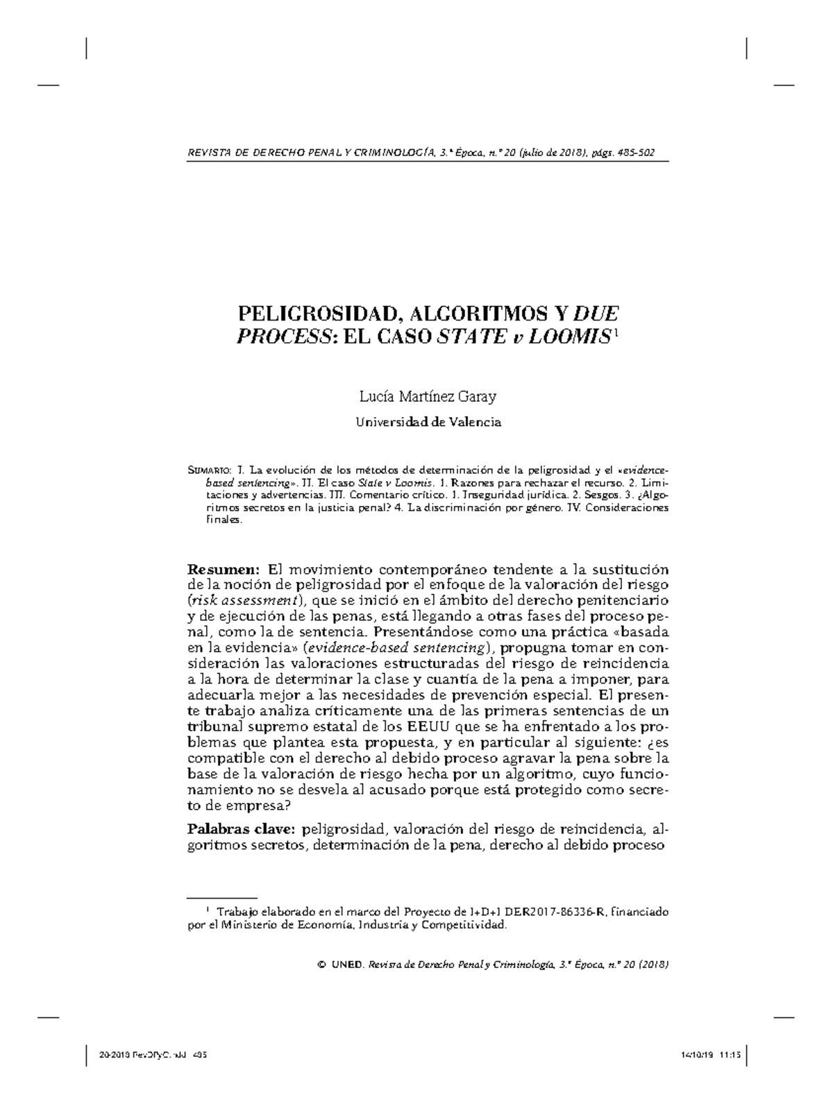 PELIGROSIDAD Y ALGORITMOS EN DERECHO PENAL: ANÁLISIS DEL CASO STATE v ...