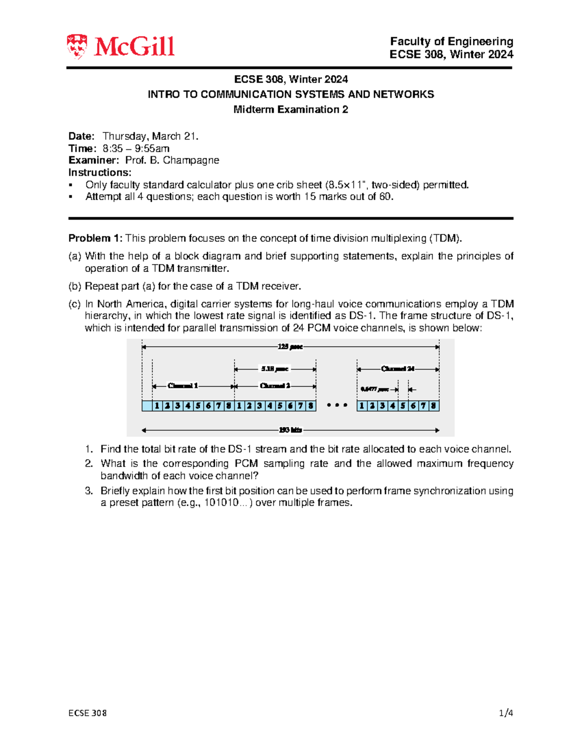 ECSE 308 Midterm Exam 2 - Intro to Communication Systems W24 - Studocu