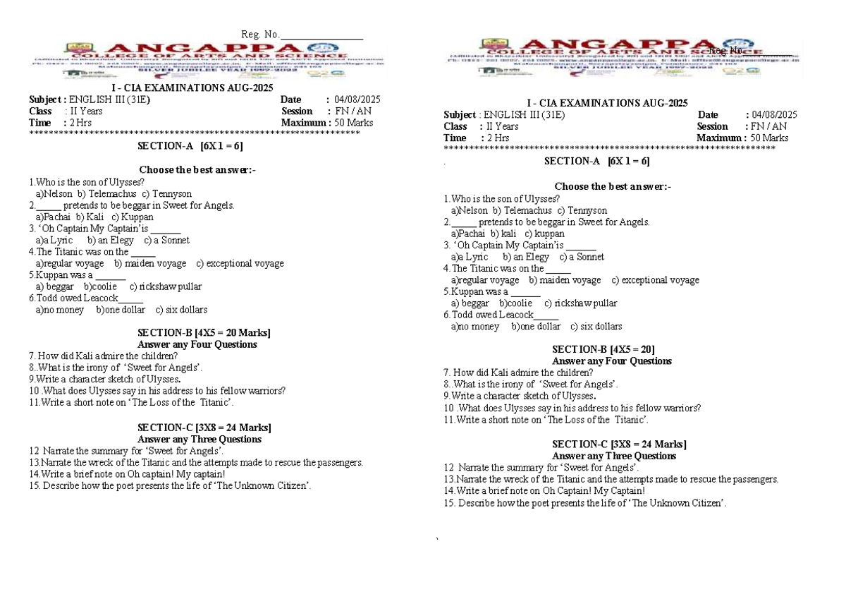 I CIA Model Question Paper for English (31E & 12E) - Studocu