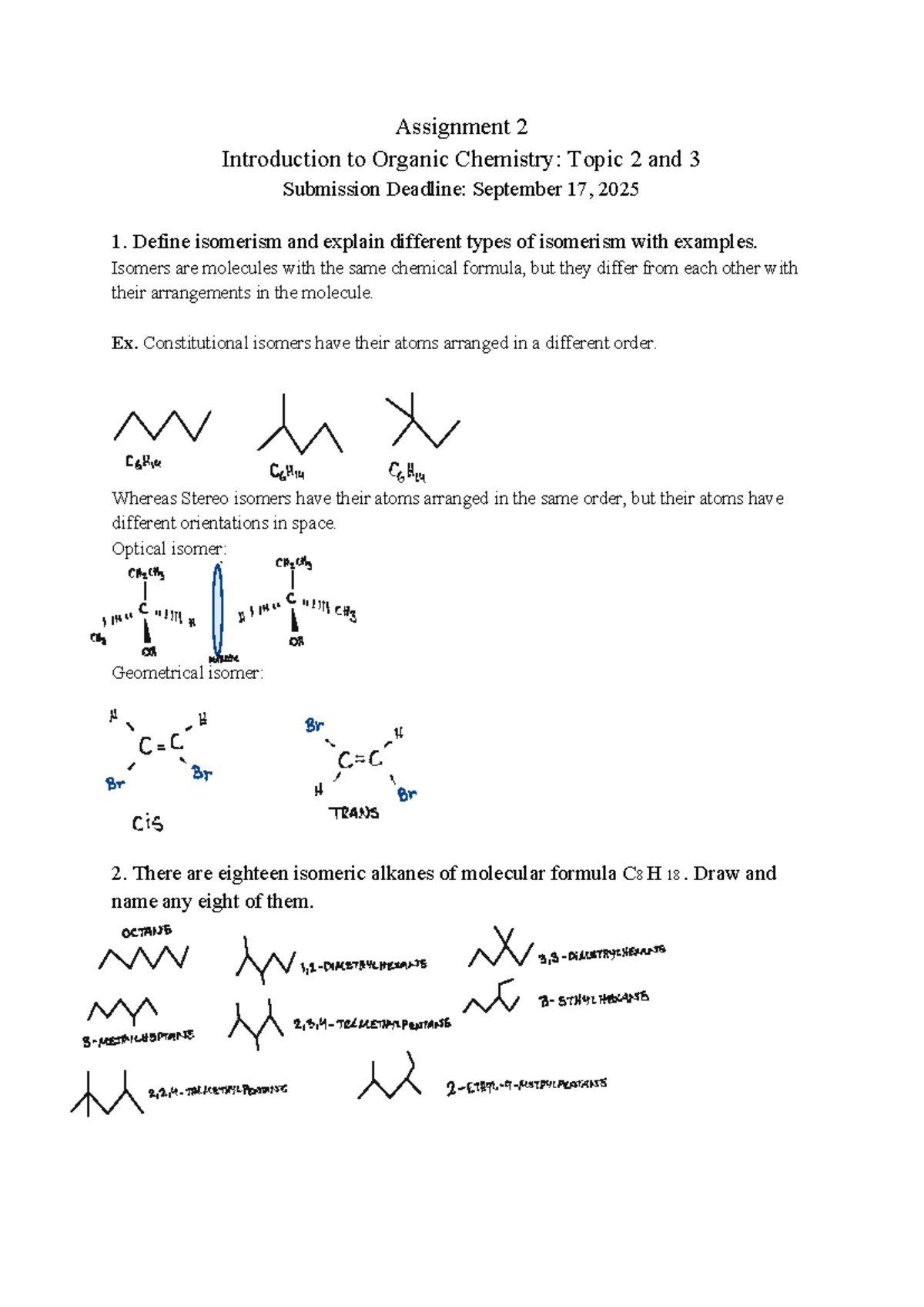 Assignment 2: Intro to Organic Chemistry - Isomerism & Polymers - Studocu