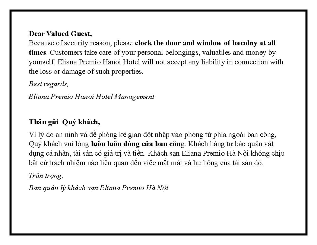 Dear Value Guest - Dear Valued Guest, Because of security reason ...
