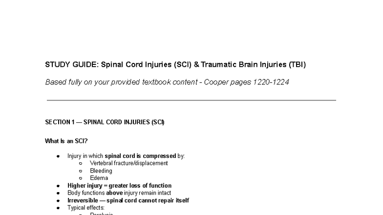Study Guide: Spinal Cord & Traumatic Brain Injuries (SCI/TBI) Exam 5 ...