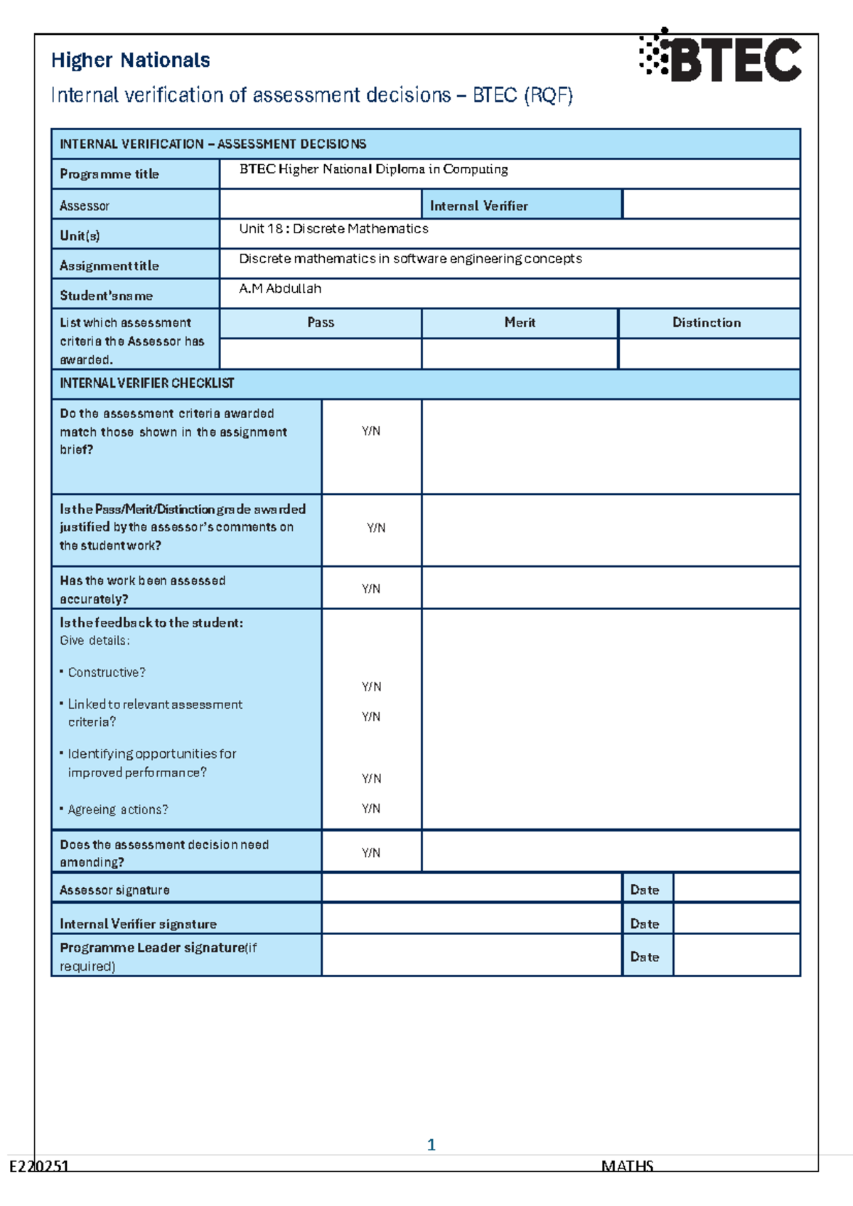 BTEC HND Computing Unit 18: Discrete Mathematics Assessment Verification - Studocu