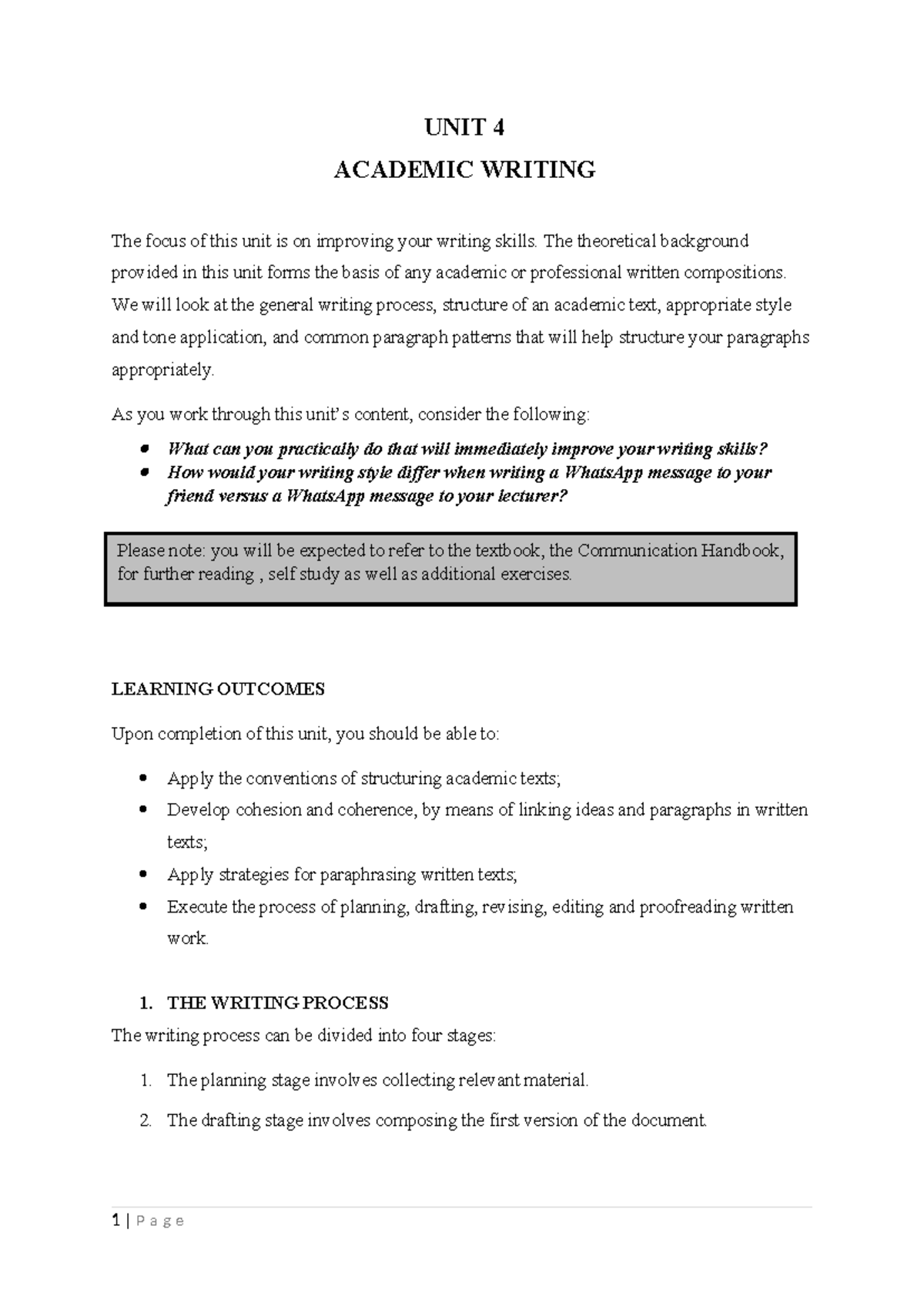 Unit 4 - PPA115D: Enhancing Academic Writing Skills - Studocu