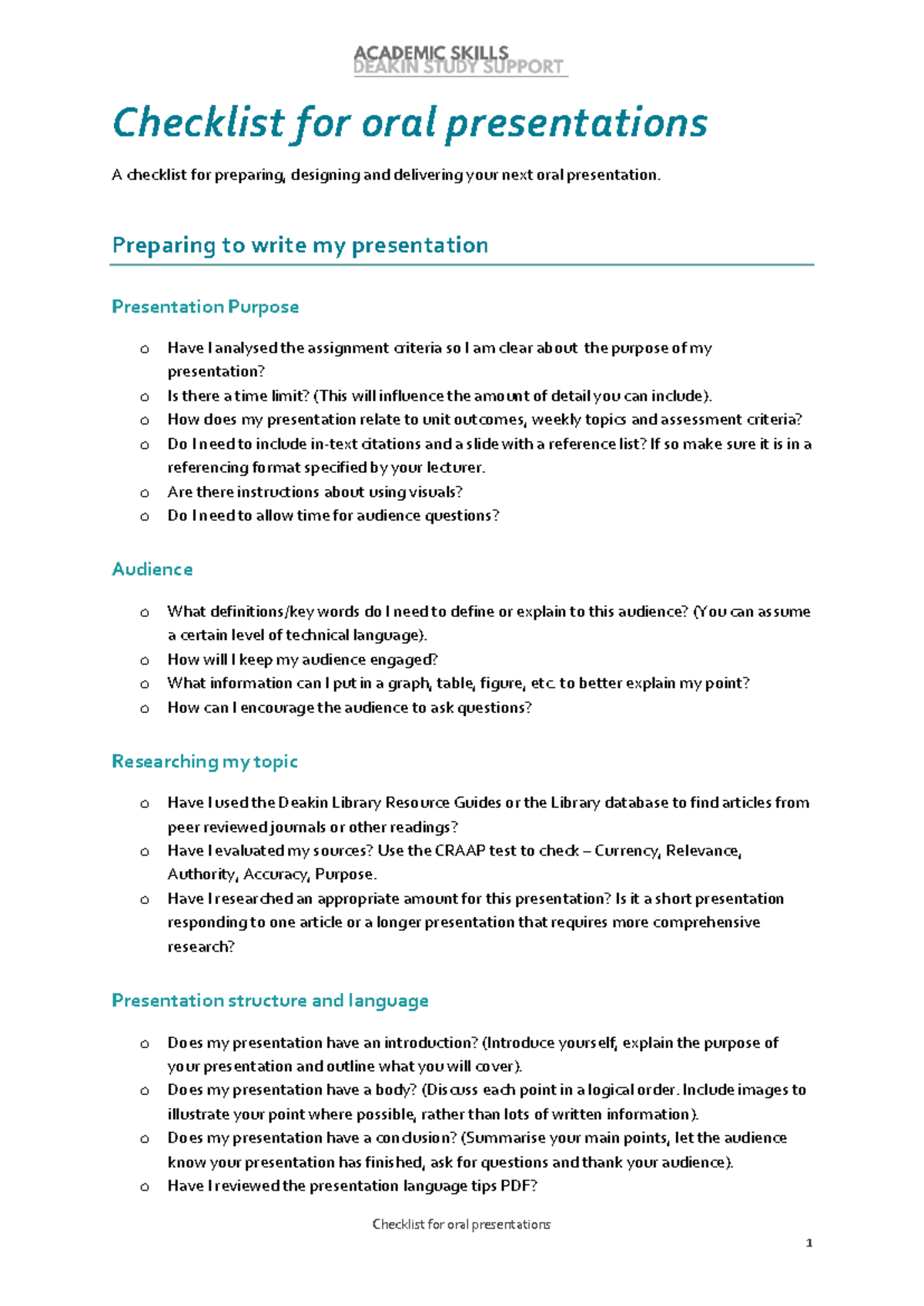 Checklist for Oral Presentations (Deakin Study Support) - Studocu