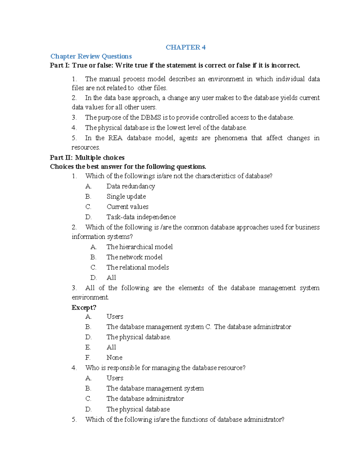 CHAPTER 4 Review Questions & Exercises for Database Concepts - Studocu