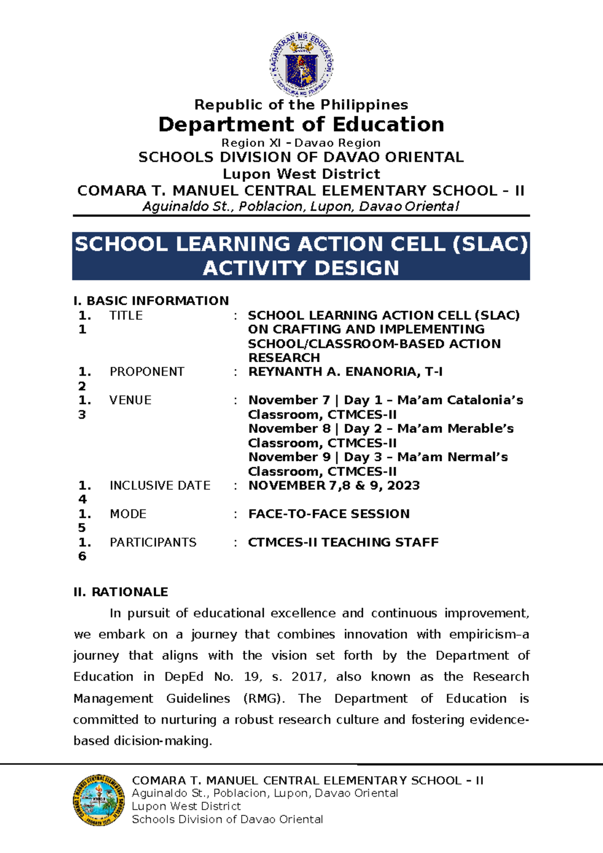 SLAC Activity Design: Crafting Action Research at CTMCES-II - Studocu