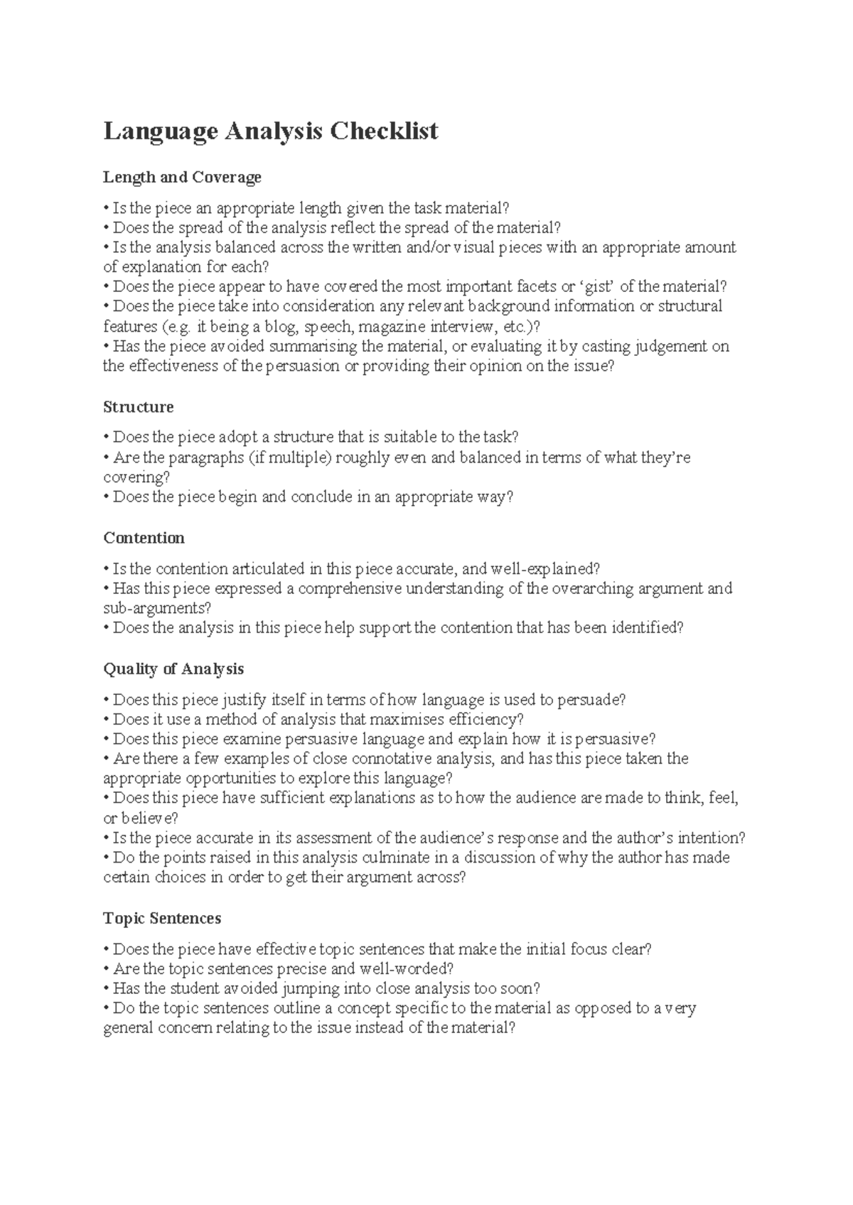 Language Analysis Checklist: Length, Structure, and Quality Evaluation ...