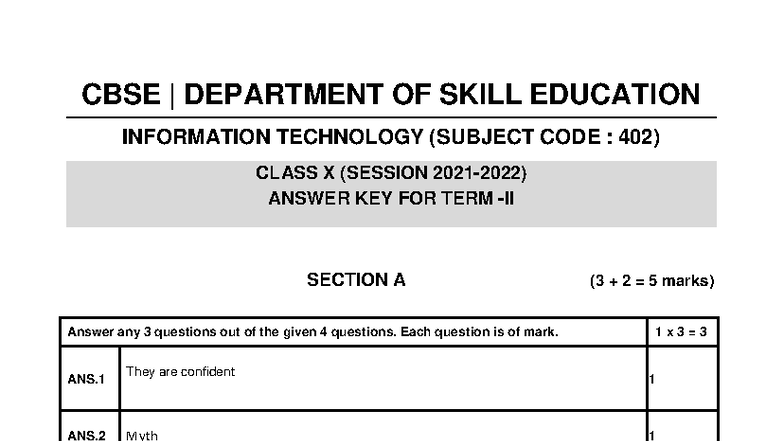 CBSE Class X IT (402) Term 2 Answer Key & Solutions - Studocu