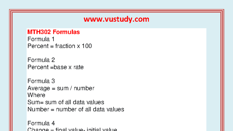 MTH302 Formulas: Comprehensive Study Guide for Students - Studocu