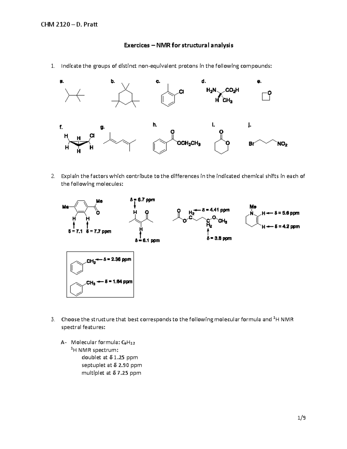 CHM 2120 D. Pratt NMR Practice Problems for Structural Analysis - Studocu