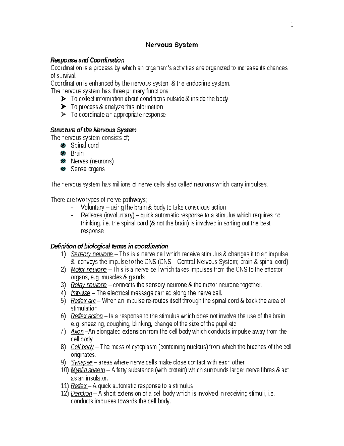 Nervous System Response and Coordination - Biology 101 Notes - Studocu