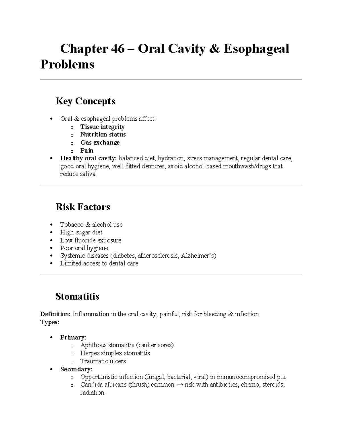 Chapter 46 Notes: Key Concepts on Oral Cavity & Esophageal Issues - Studocu