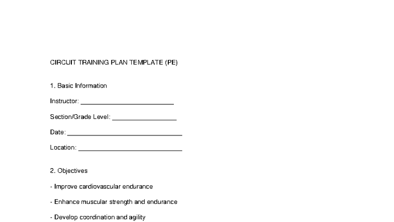 CIRCUIT TRAINING PLAN TEMPLATE (PE) for Fitness Improvement - Studocu