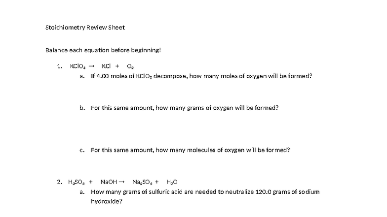 Stoichiometry Review Sheet: Balancing Equations & Calculations - Studocu