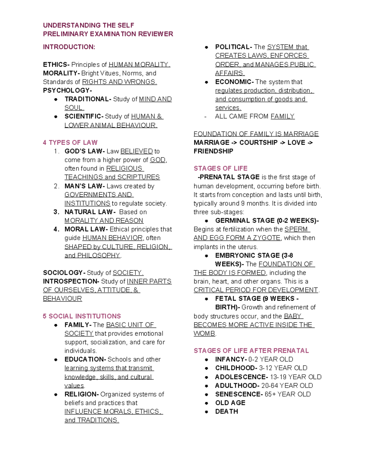 UNDERSTANDING THE SELF: PRELIMINARY EXAM REVIEWER (HUMAN MORALITY ...