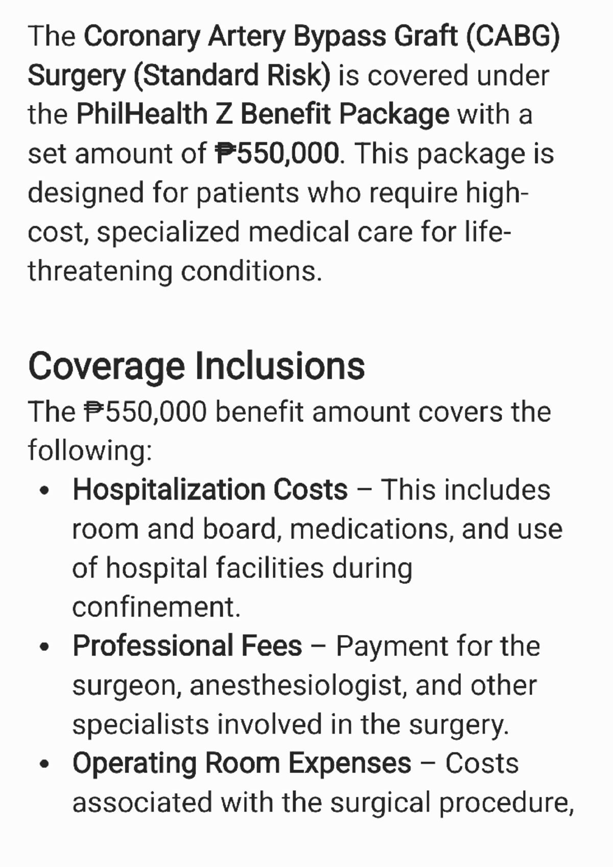 PhilHealth Z Benefit Package for Coronary Artery Bypass Graft (CABG ...