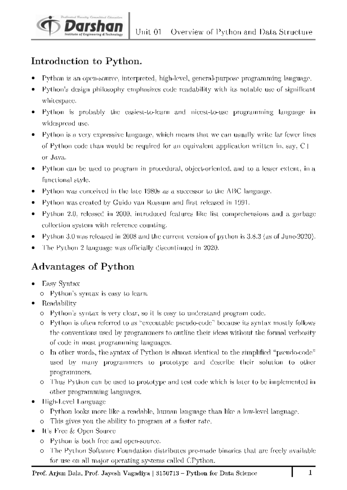 3150713 Python GTU Study Material e-Notes Unit-1 - Studocu