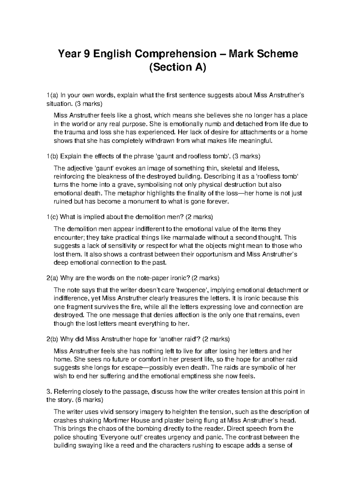 Year 9 English Comprehension Mark Scheme - Extended Analysis - Studocu