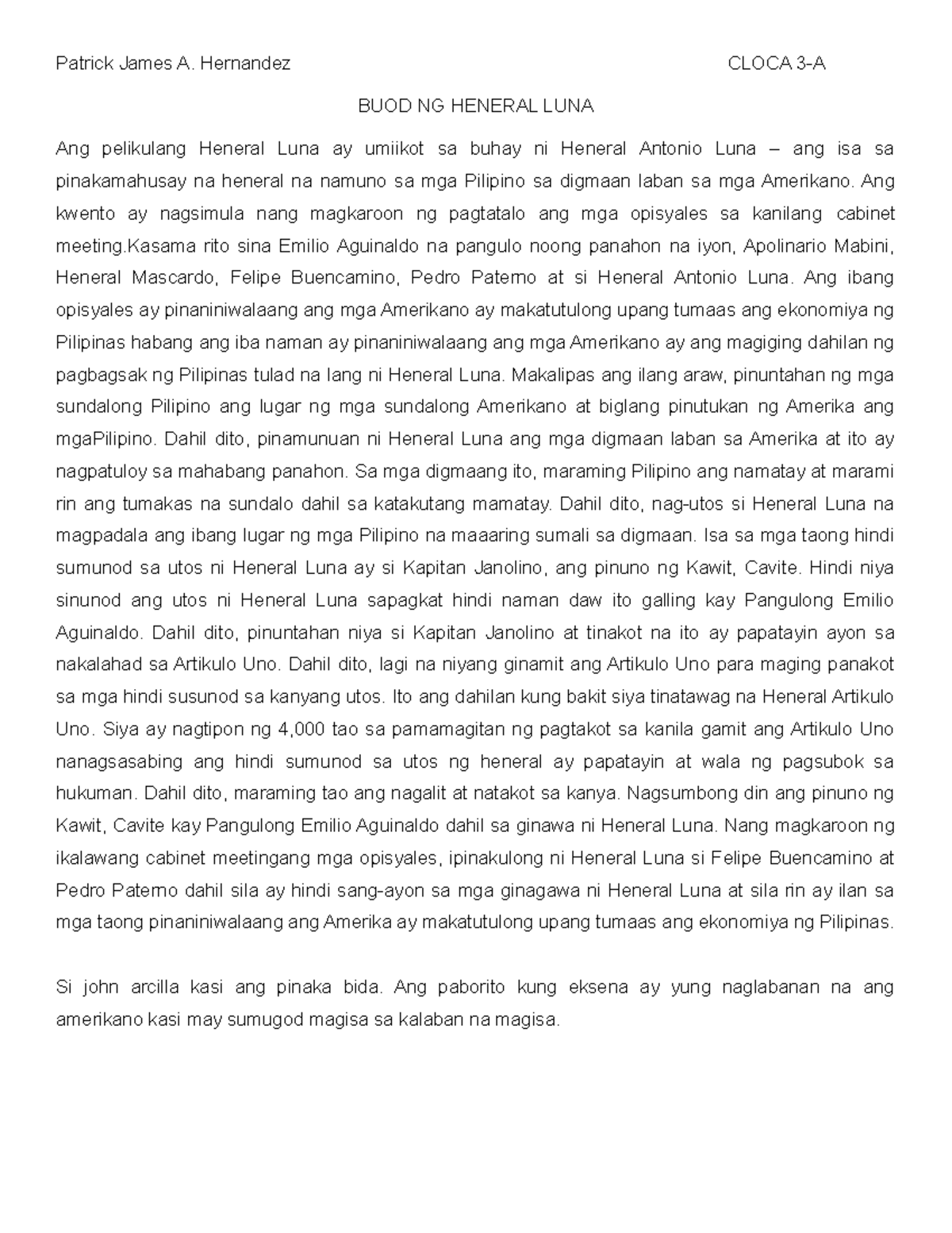 FL BUOD - Pagsusuri at Buod ng Heneral Luna sa Digmaan - Studocu