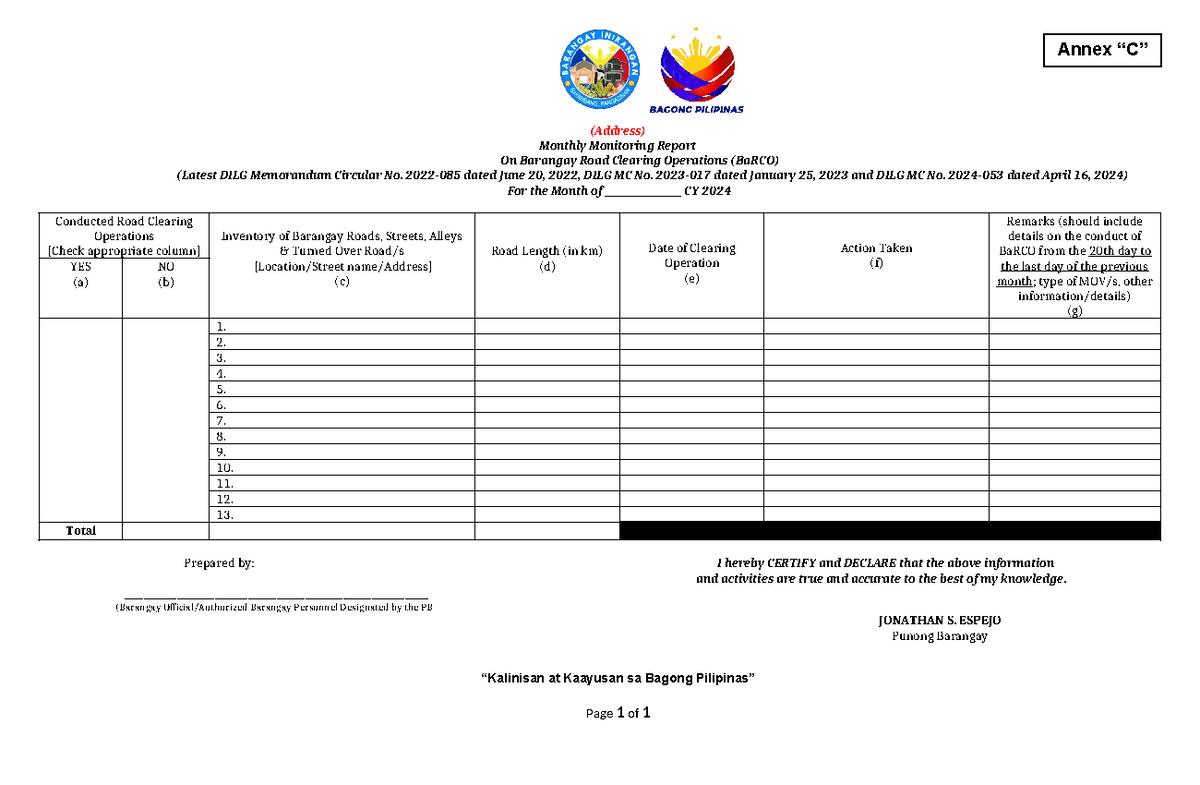 Barangay Road Clearing Operations Monthly Report - CY 2024 - Studocu