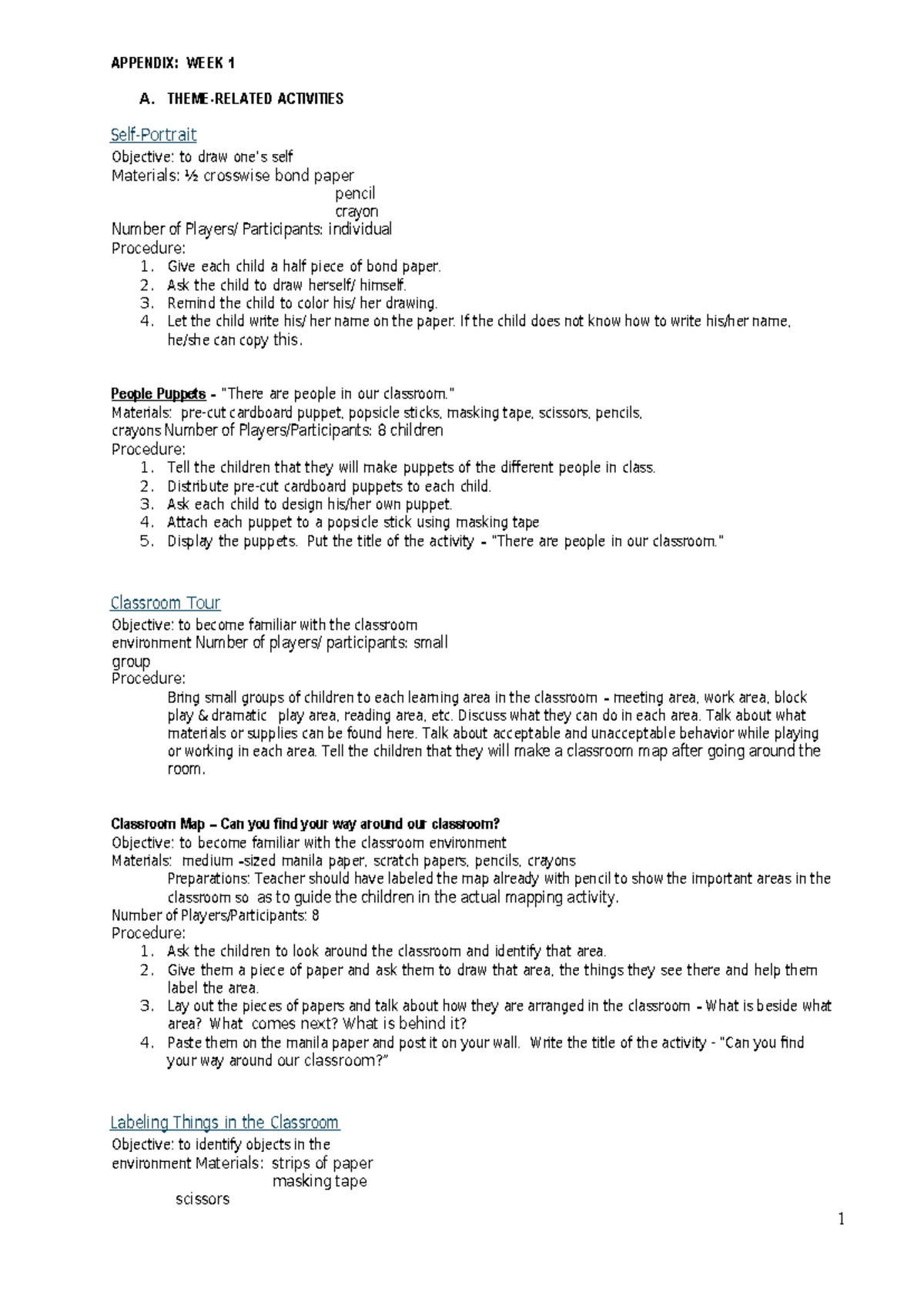 WEEK 1: Theme-Related Activities for Early Childhood Education - Studocu