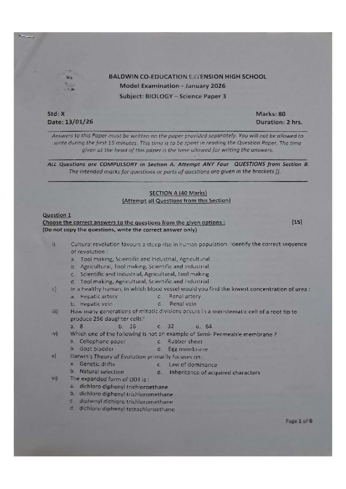 Biology Model Exam Paper 3 - Std X (Jan 2026) - Studocu
